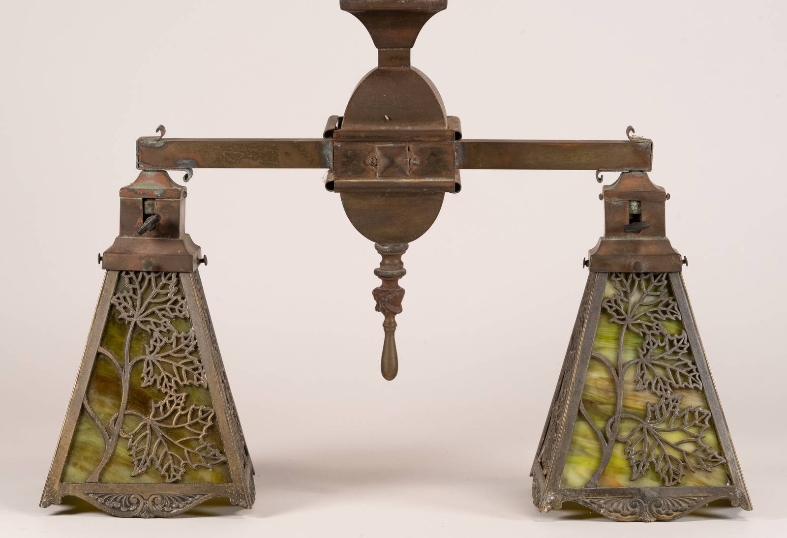 Riviere Studios Art & Crafts Grapevine Leaves Bronze Overlay Slag Glass Ceiling Chandelier Lamp ...