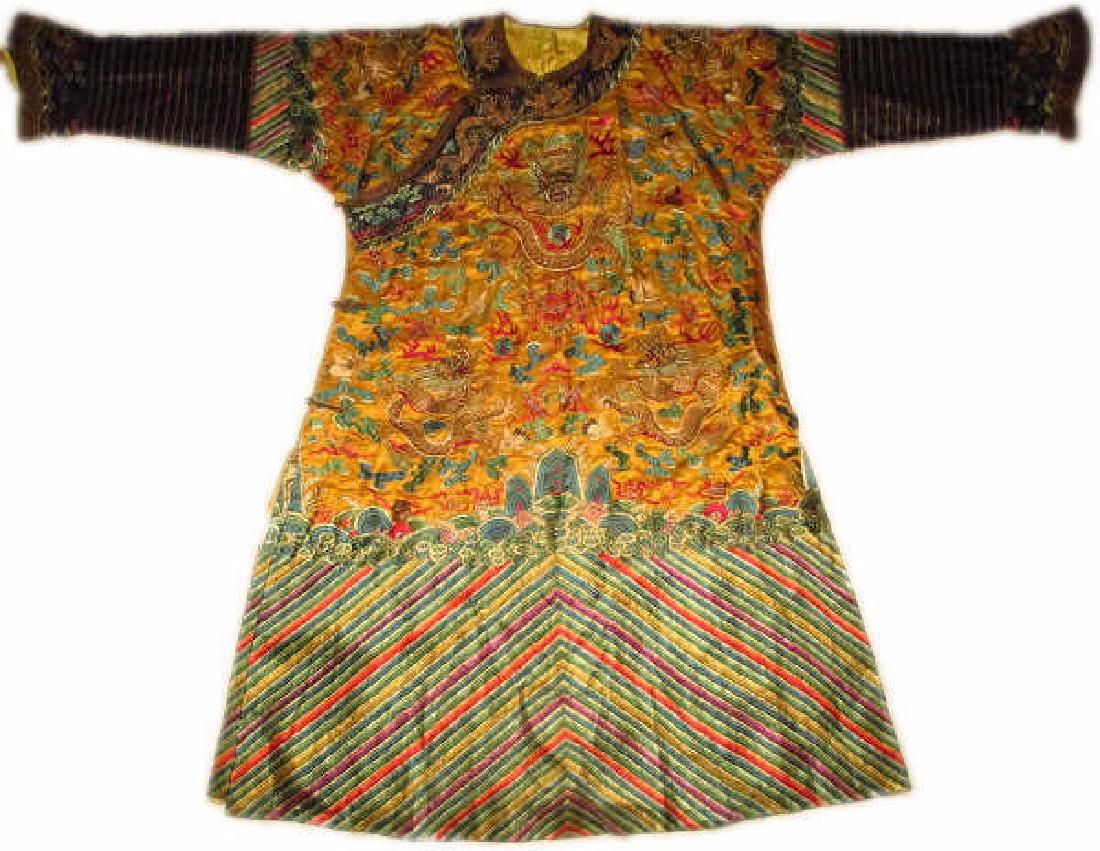 A RARE-YELLOW SILK EMROIDER DRAGONS ROBE MING DYNASTY.