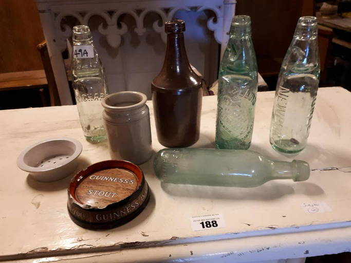 Three 19th C. Cod Bottles, A Stoneware Bottle, A Jam