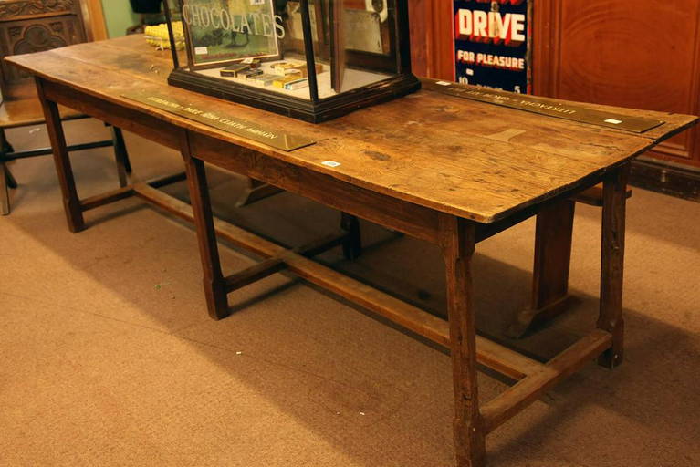 19th. C. Elm Kitchen Table Raised On Six Champhered