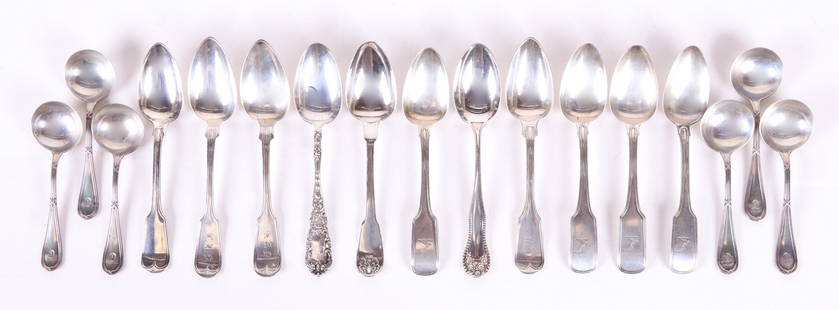 1800s Colonial American Mixed Set Of 7 Fiddle Thread Coin Silver Spoons