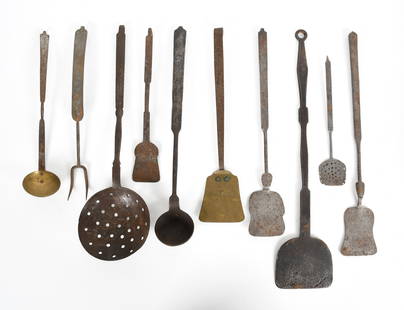 A Group Of Ten Wrought Iron And Brass Fireplace Cooking