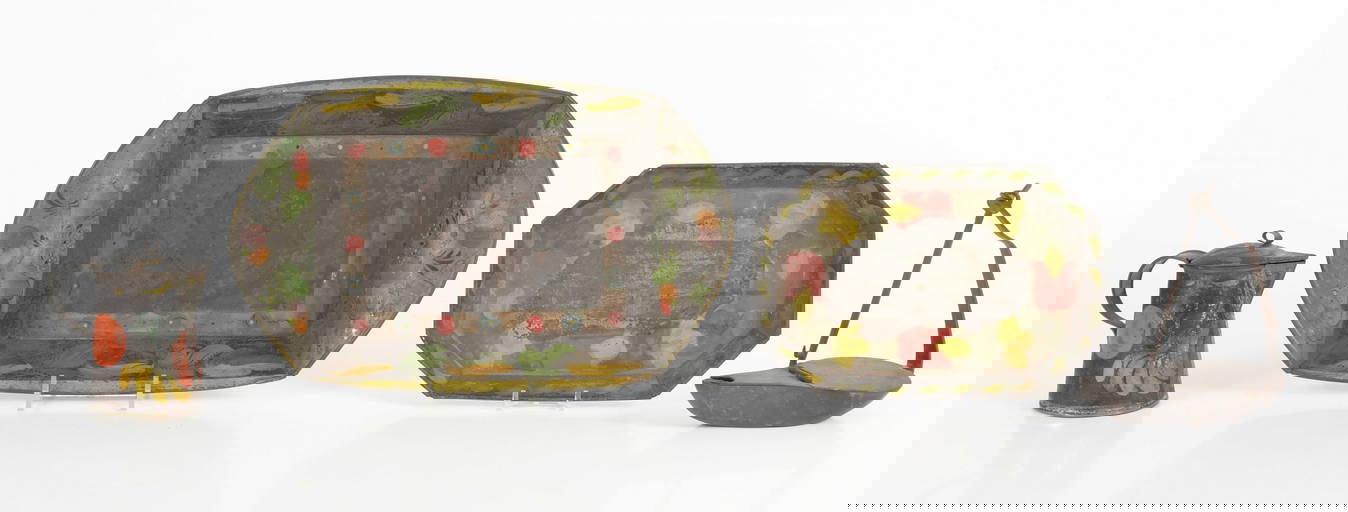 Three Pieces Of Floral Painted Toleware And An Iron Betty Fat Lamp