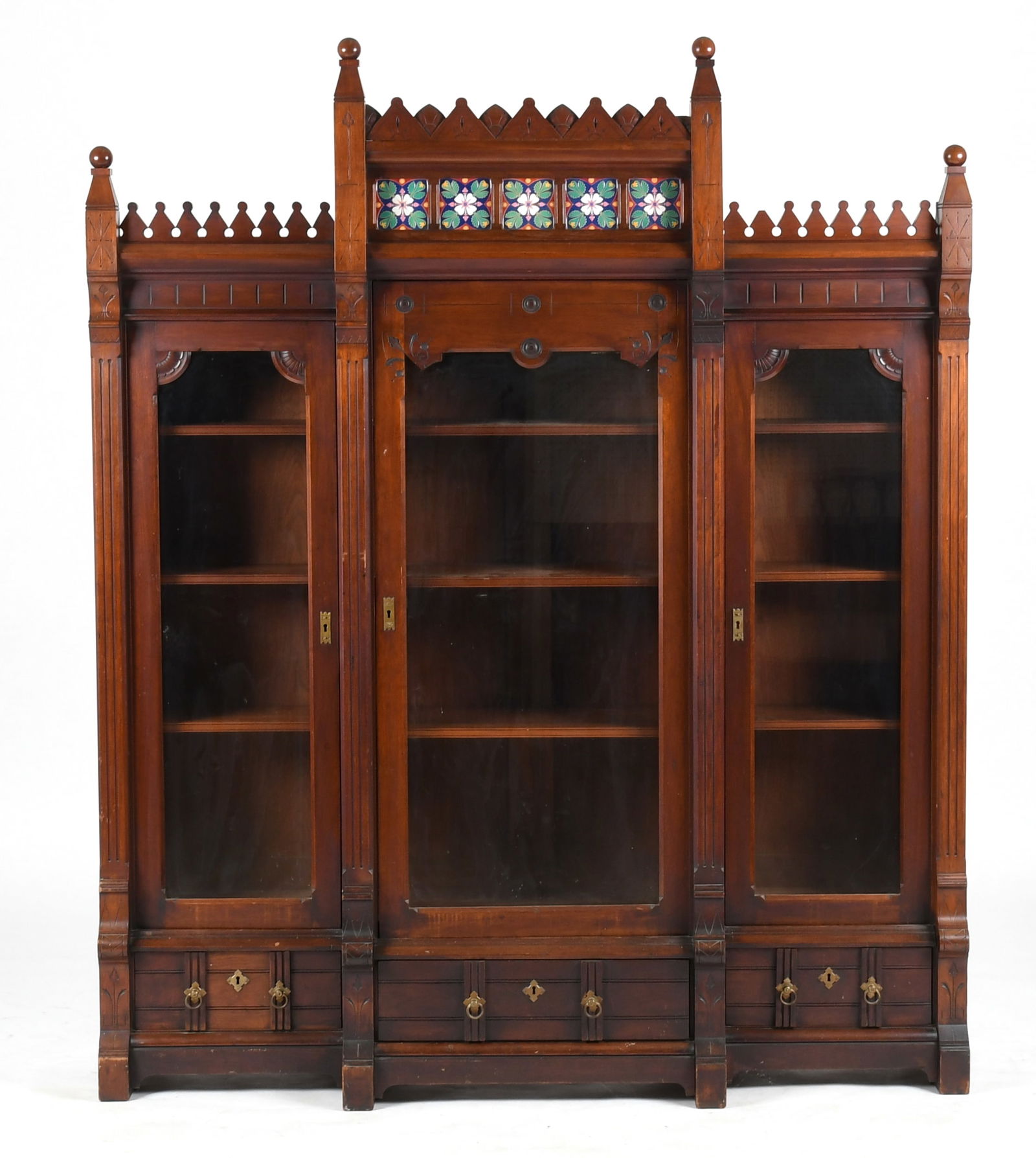 Eastlake Ceramic Tile Mounted Carved Walnut Architectural Breakfront ...