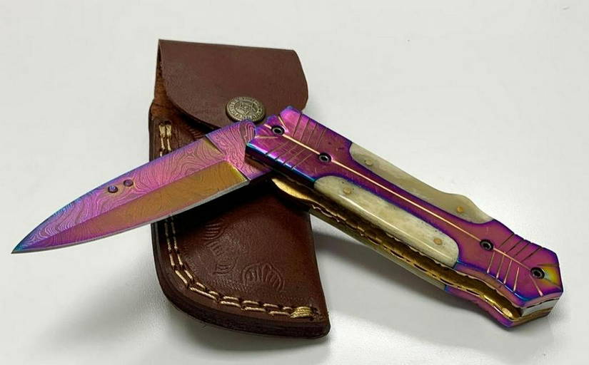 Damascus Style Rainbow Blade Flip Knife With Leather Sheath (#9307) on ...