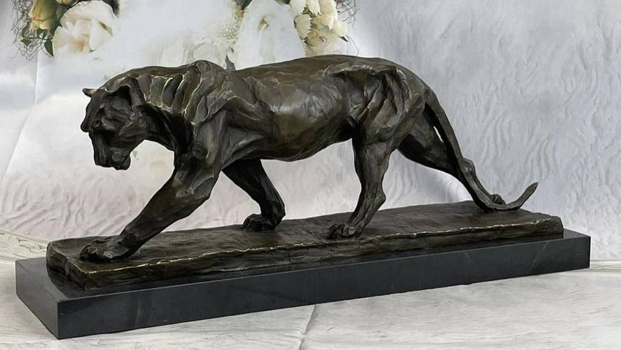 African Lioness Bronze Statue On Marble Base