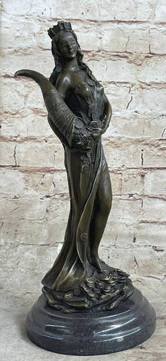 Signed Original Fortuna Goddess With Cornucopia Coins Bronze Sculpture ...
