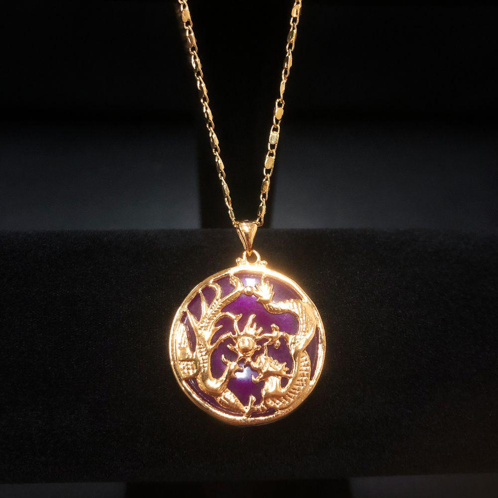 Dragon Phoenix Mount Necklace With Carved Purple Jade On 14kt Plated ...