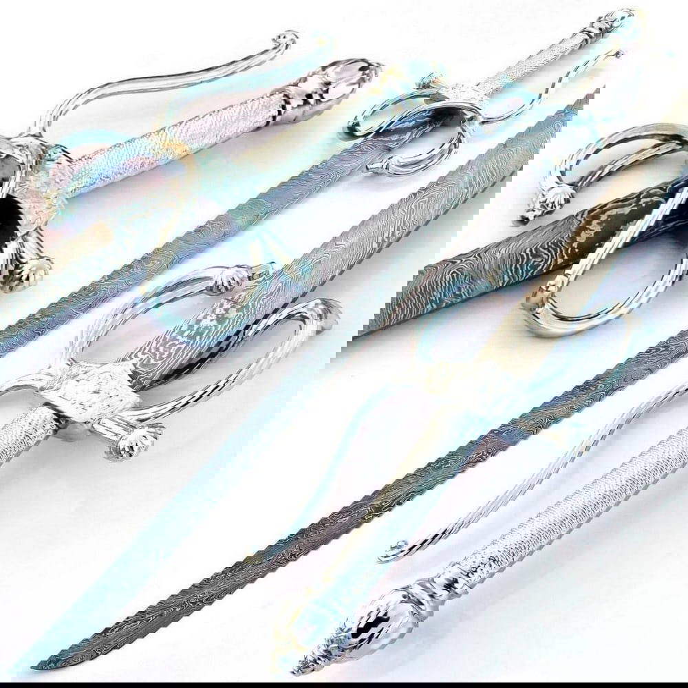 Hand Made Damascus Steel Layered Rapier With Silver Guarded Handled ...