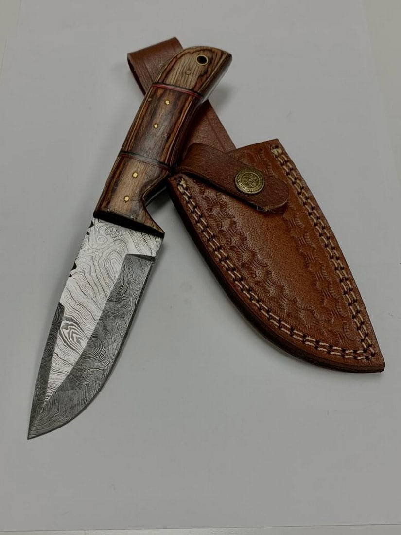 8 1/2" Inlaid Wood Handle Damascus Hunting Knife With Auction