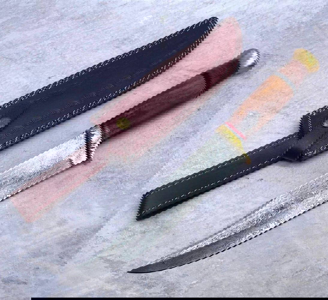 11" Inlaid Bone Handle Damascus Hunting Knife With Auction