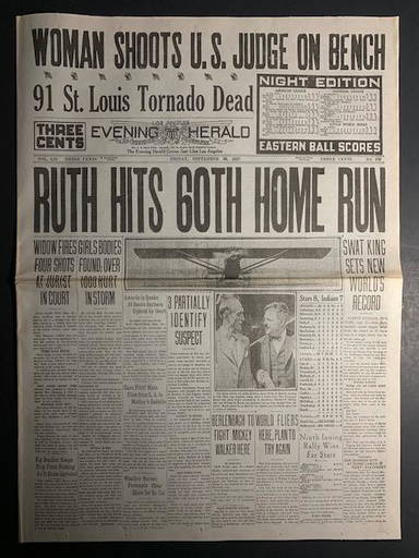 Babe Ruth Hits 60 Th Hm Run Sept 30 Th 1927 Newspaper