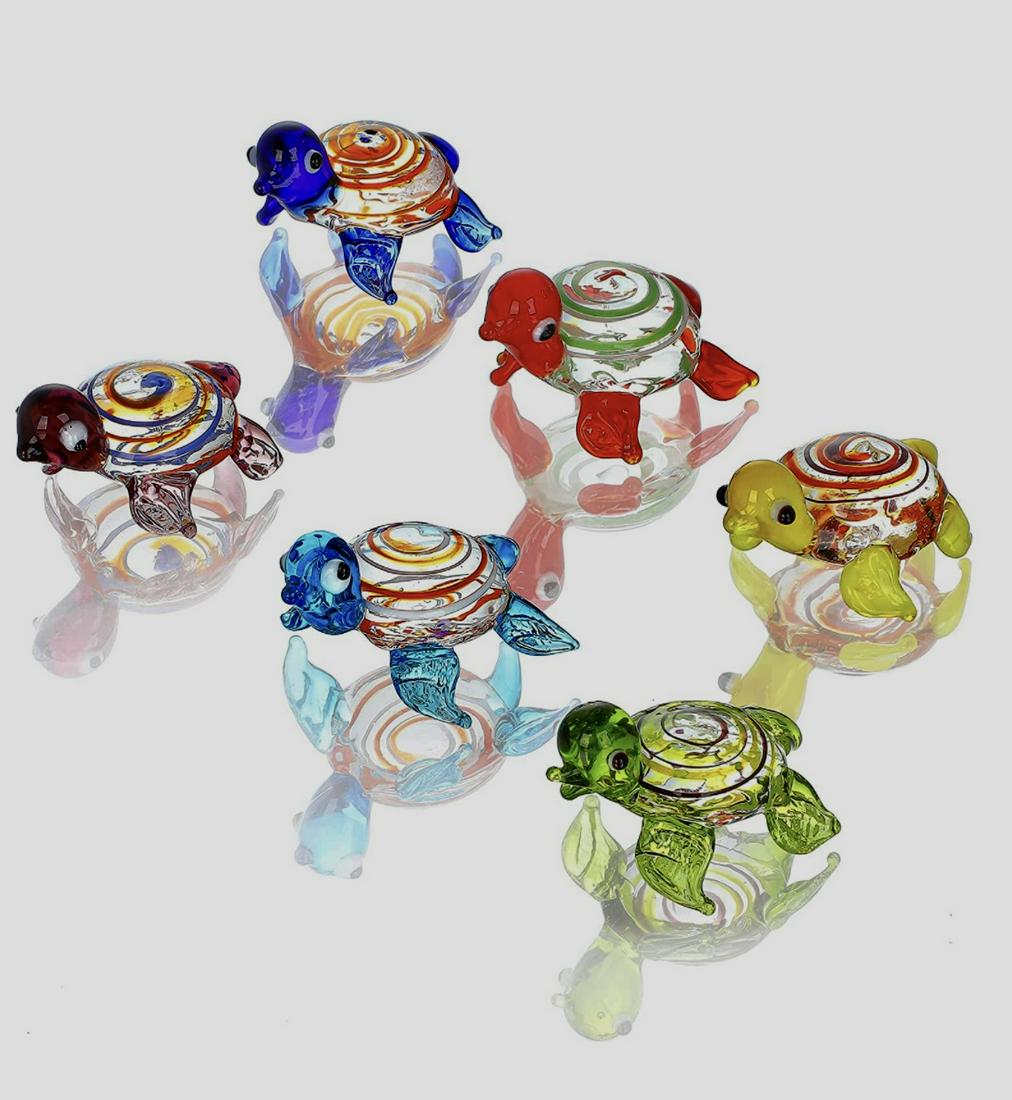 Lot Of 6 Murano Blown Art Glass Mini Multi-color Turtles Auction