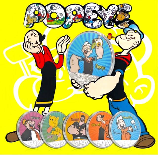 Lot Of 6 Popeye Colorized Clad Silver Collector Coins Auction