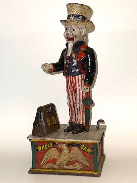 Vintage Cast Iron Uncle Sam Mechanical Coin Bank Auction
