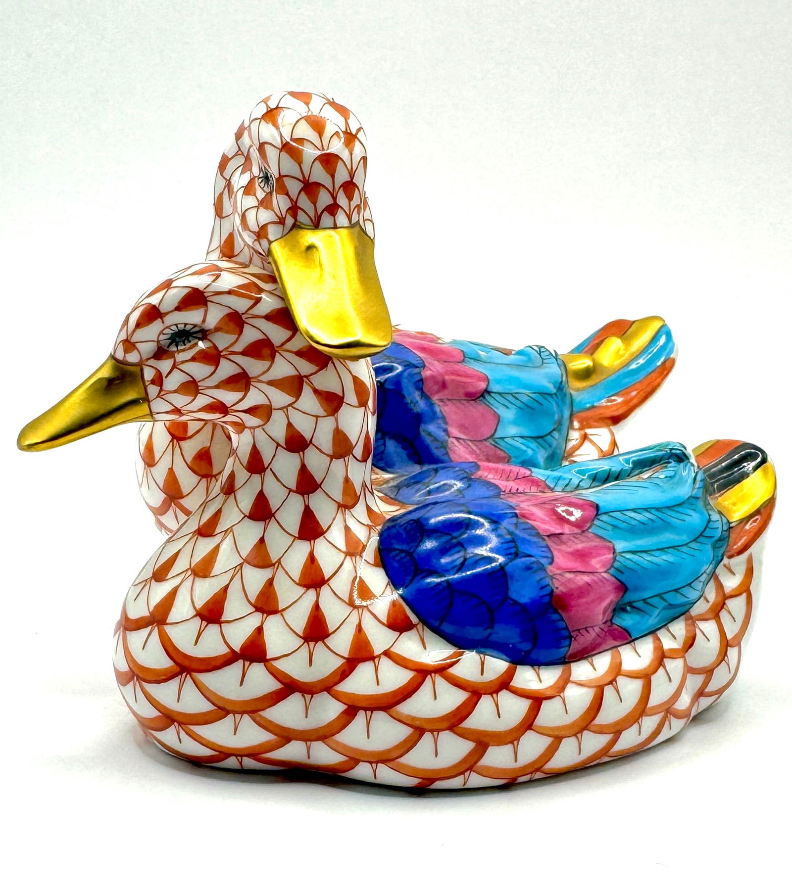 Rare Herend Hungary Rust Colored Fishnet Porcelain Snuggling Ducks Auction