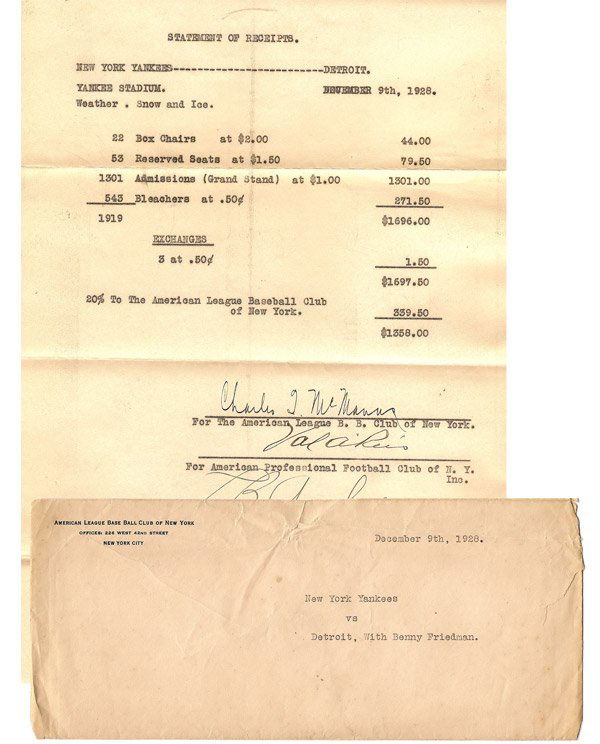 Statement Of Receipts New York Yankees Home Game Vs