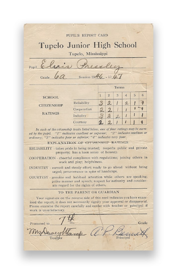 Elvis Presley’s 6th Grade Report Card From Tupelo Junior High School ...