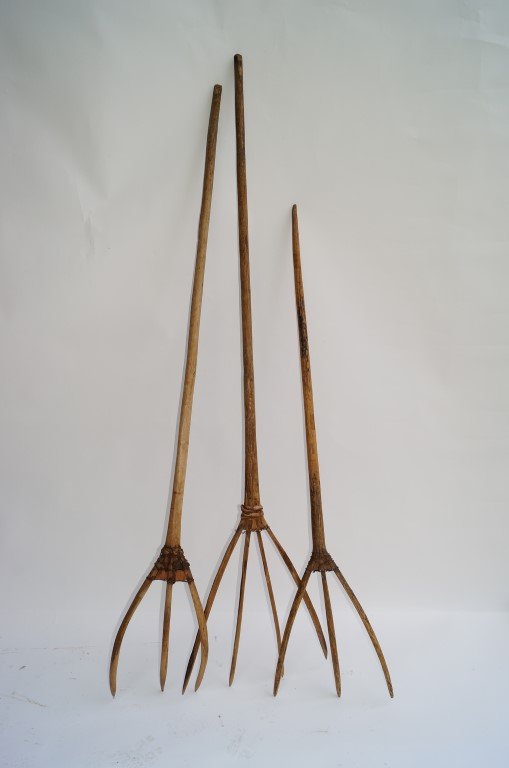 Three Primitive Wooden Hay Rakes
