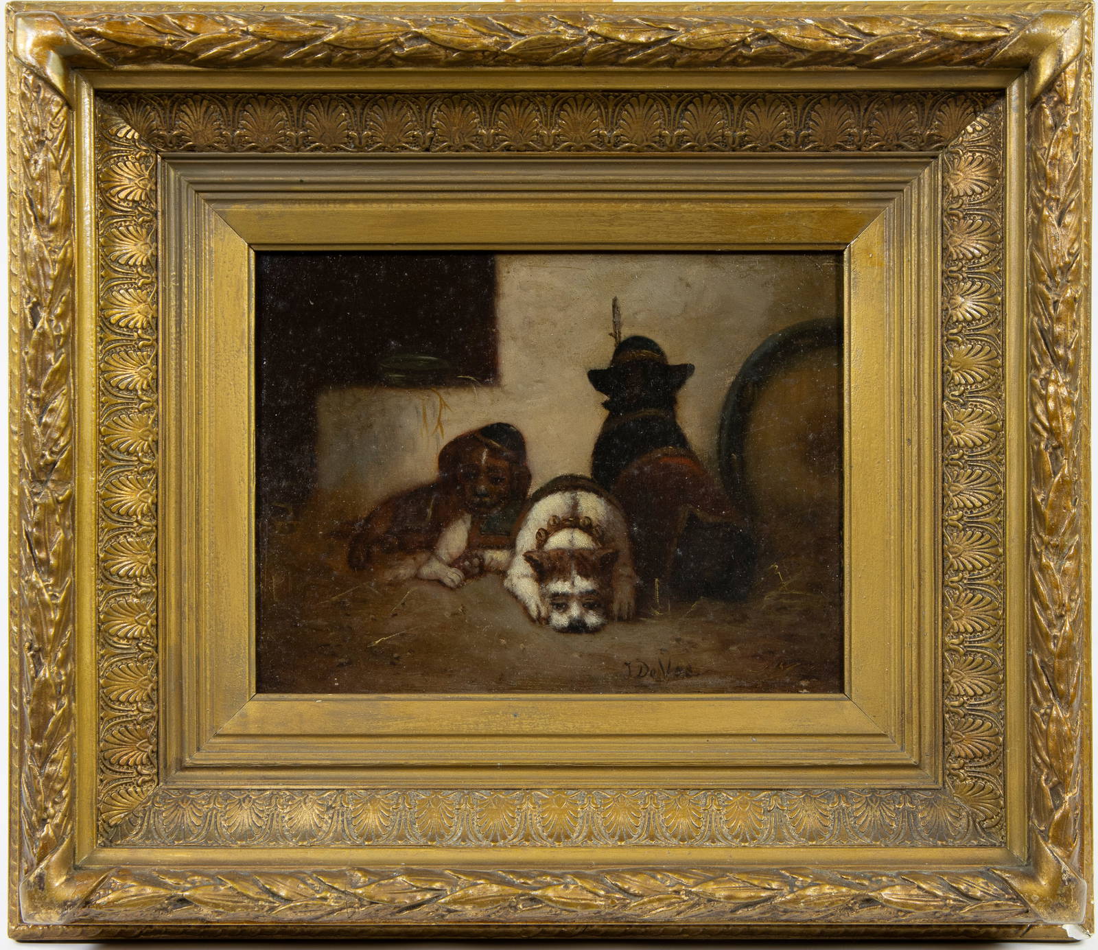 Vincent De Vos (1829-1875), Oil On Panel Dogs, Signed Auction
