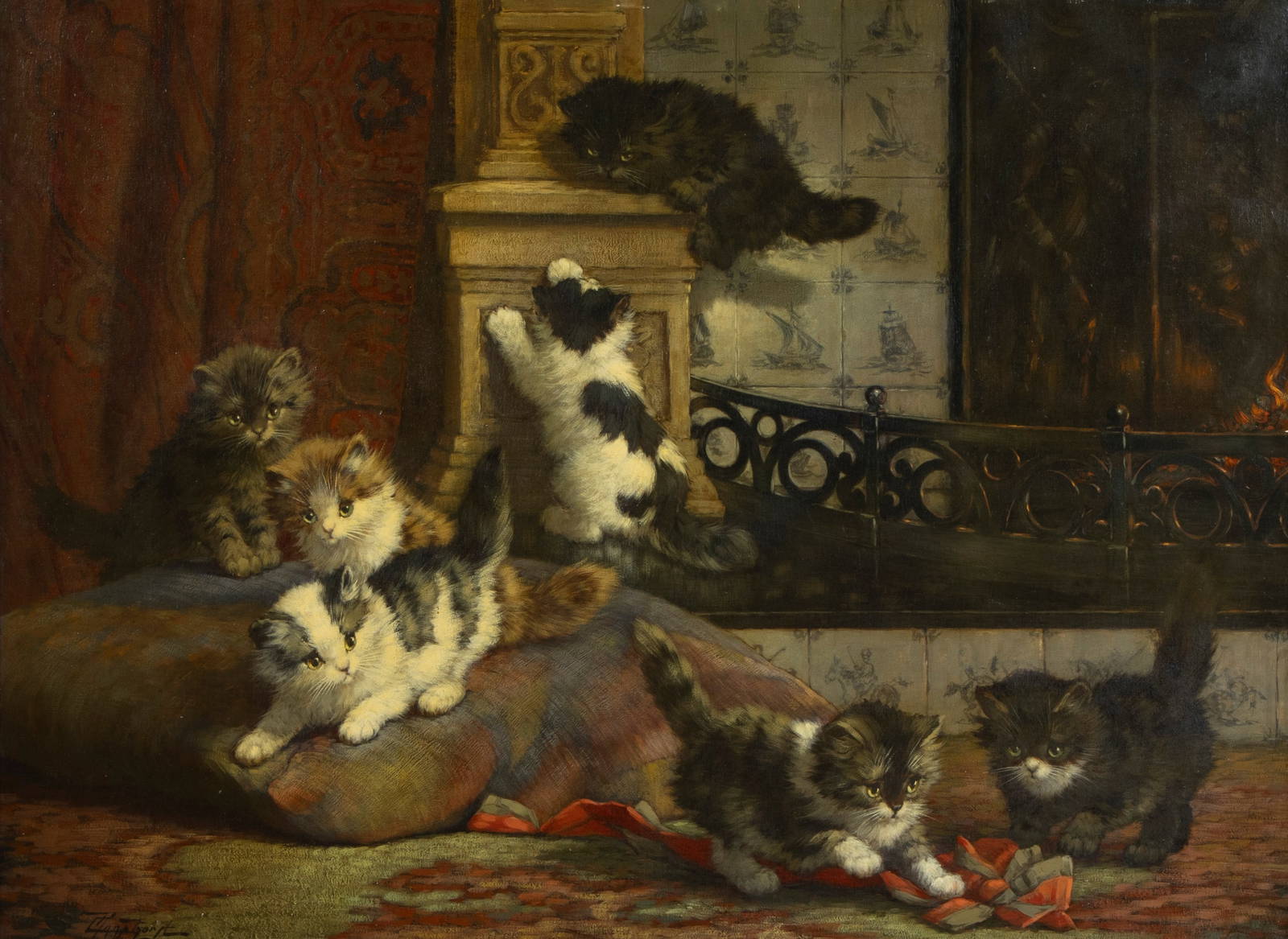 Cornelis Raaphorst (1875-1954), Oil On Canvas Playing Kittens, Signed ...