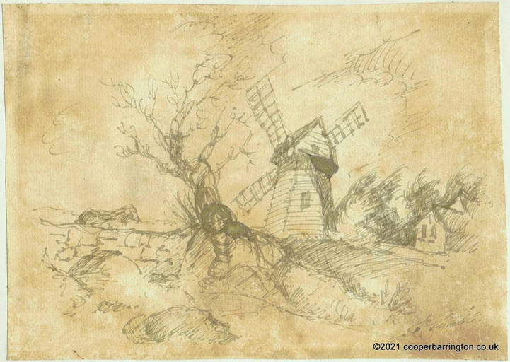 John Constable Ra Windmill Landscape Ink Drawing