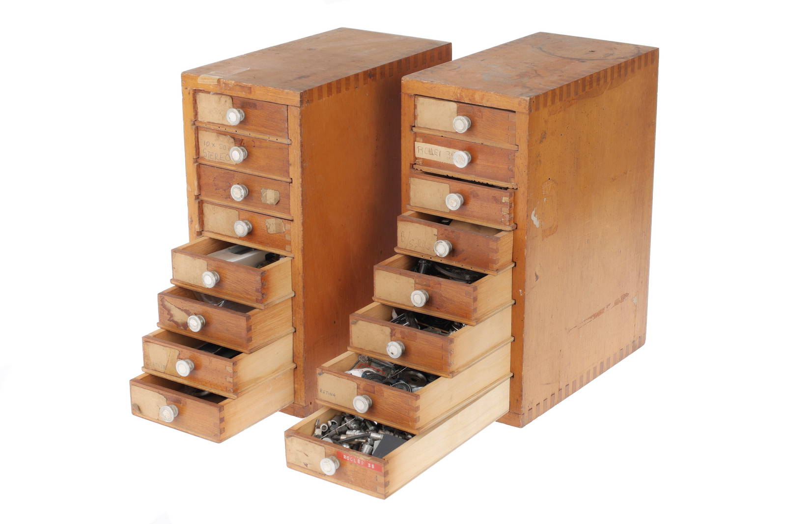 Two Small Wooden Drawer Units Of Camera Parts, Auction