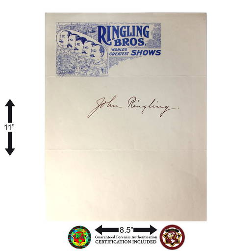 John Ringling Signed 8.5x11 'ringling Bros.' Sheet
