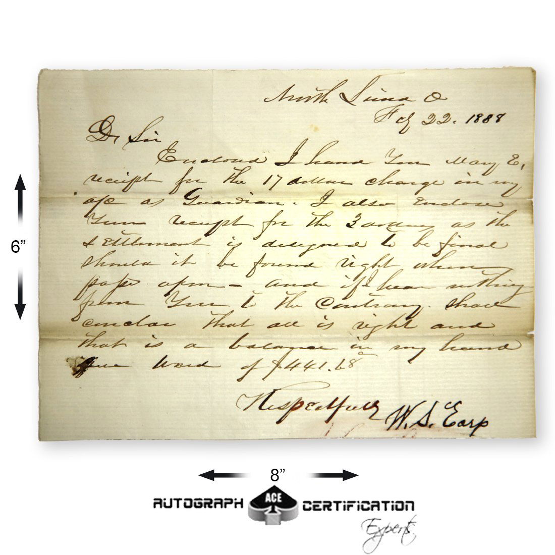 Wyatt Earp Signed Letter Dated Feb. 22, 1888