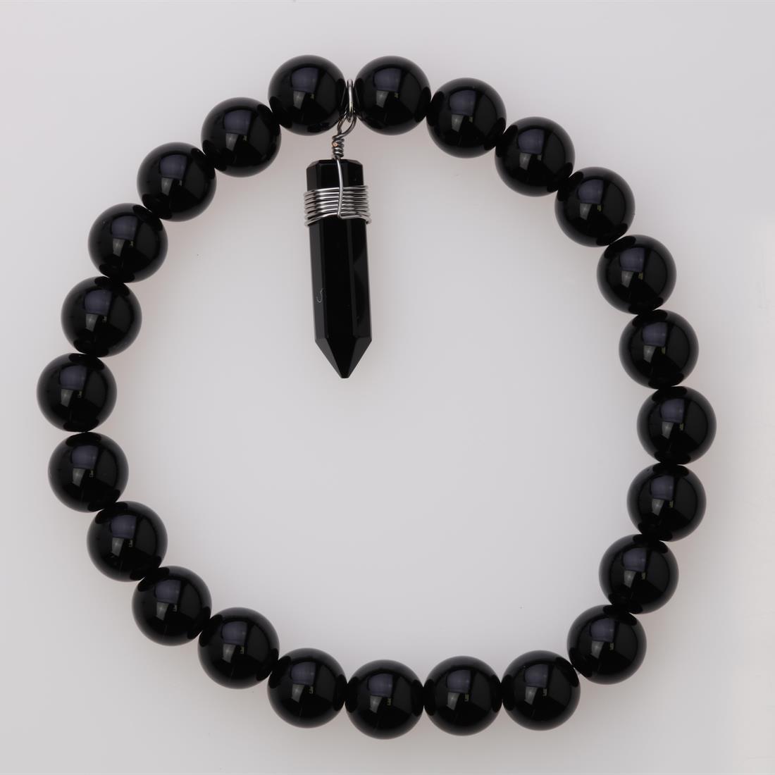 Black Agate Stretch Bracelet With Hex Charm