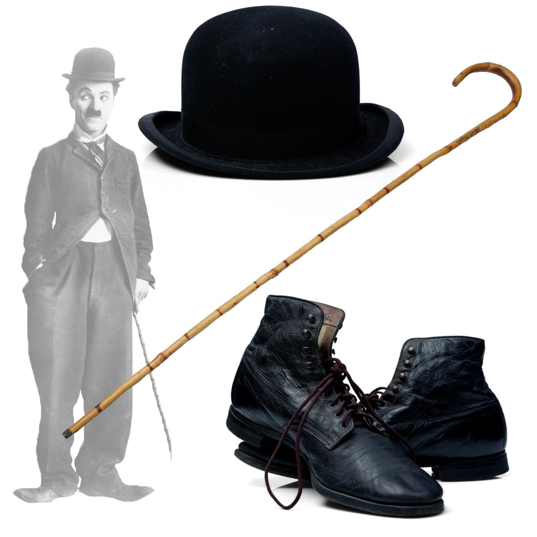 Charlie Chaplin Signed Worn Hat, Cane, & Shoes.