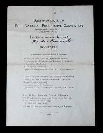 T. Roosevelt Signed Progressive Convention Songs (#0100) on Dec 23 ...