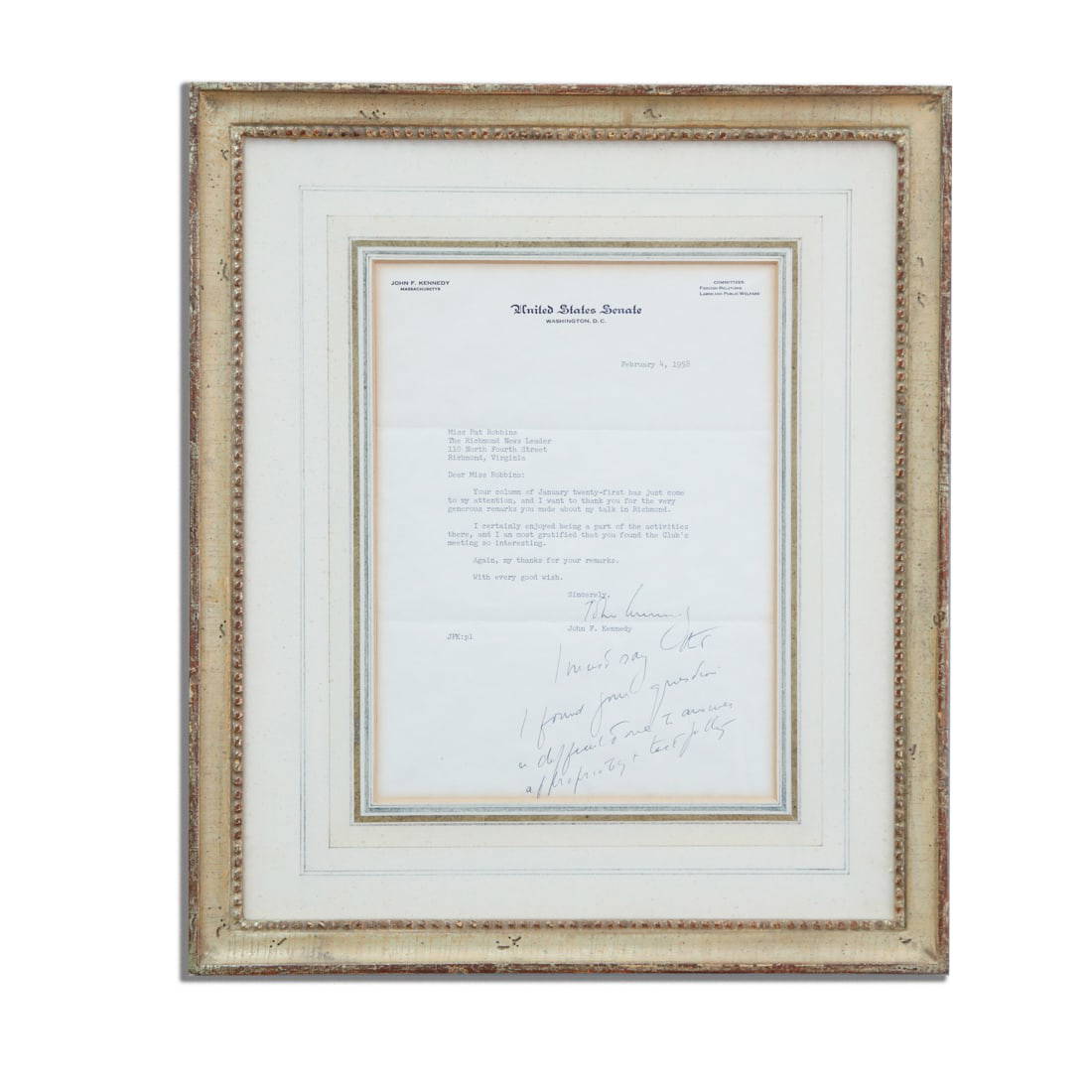 John F Kennedy Signed Feb 4, 1958 Letter Auction