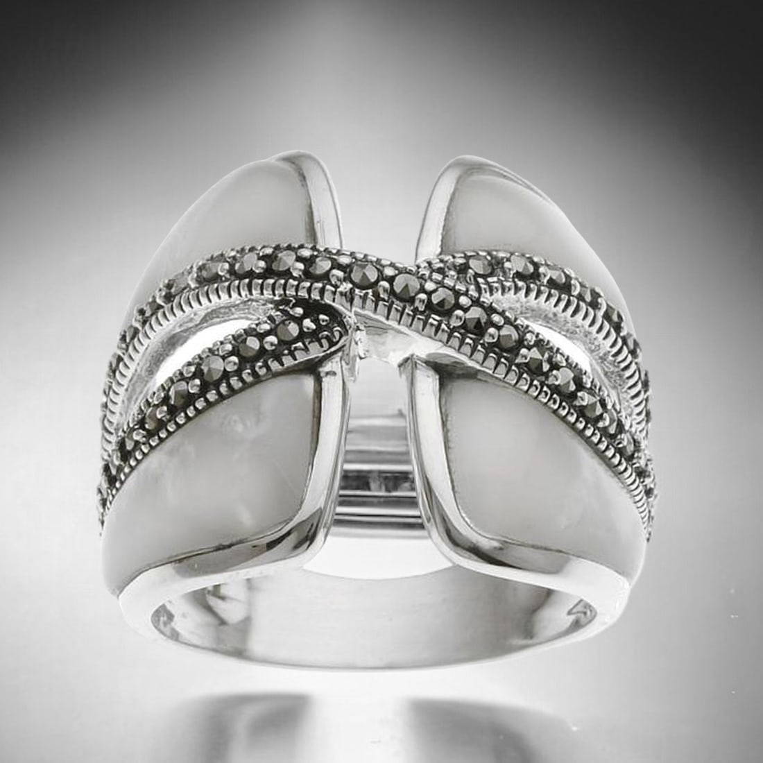 Criss-cross Mop And Marcasite Sterling Silver Ring Size 7 Auction