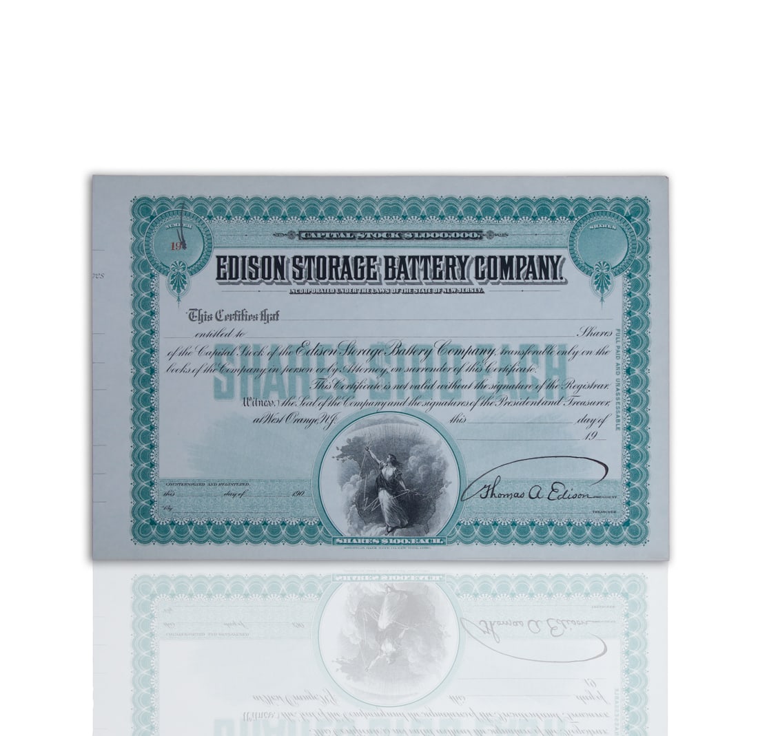 Thomas Edison Signed Edison Storage Battery Stock Certificate Auction
