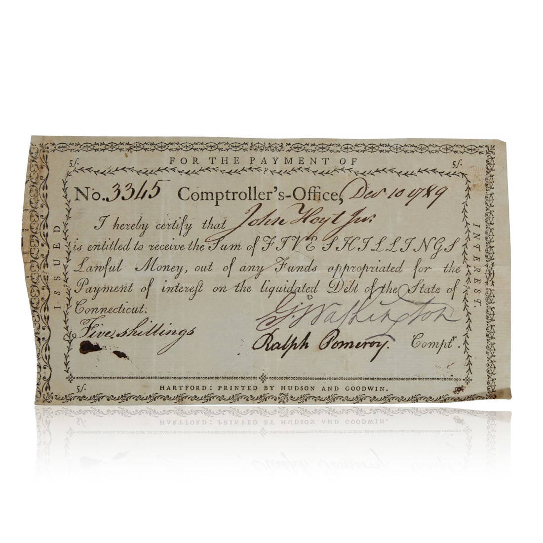 George Washington Signed Five Schilling Note From The Comptroller's ...