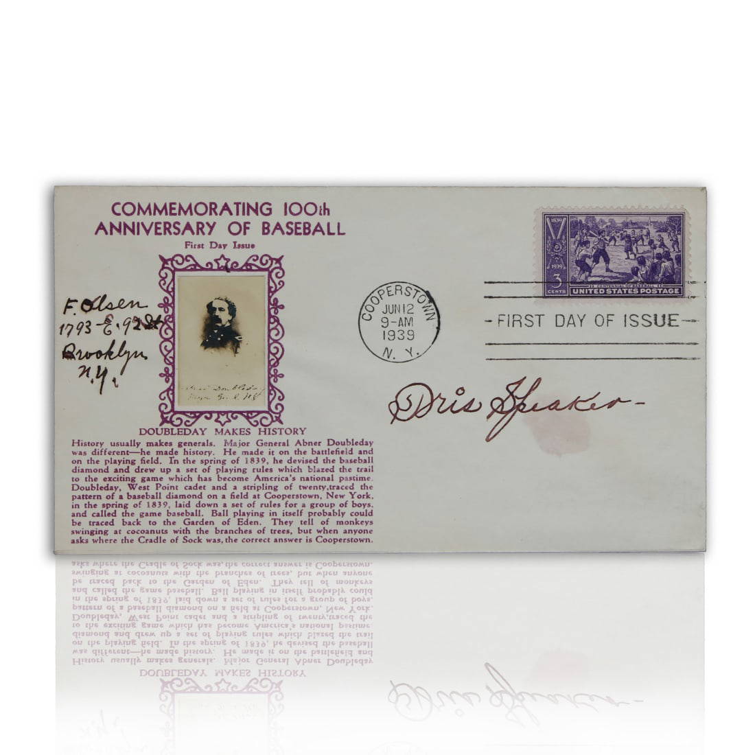 Tris Speaker Signed Hof First Day Issue Envelope Postmarked Cooperstown ...
