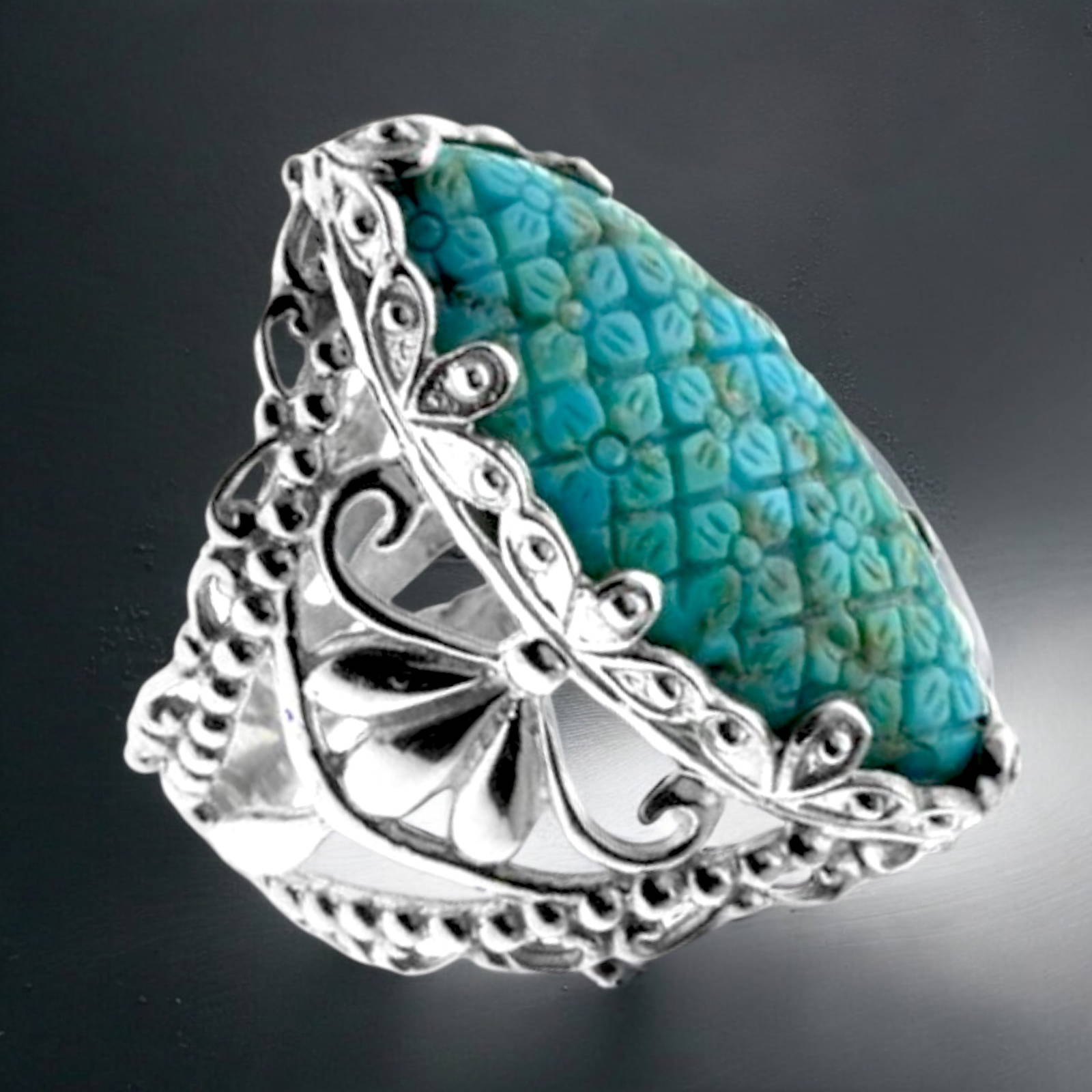 Sterling Silver Carved Turquoise Ring Size 7 Auction