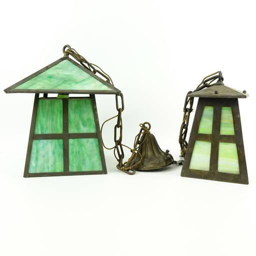 Arts + Crafts Mcm Hanging Lamps Green Slag