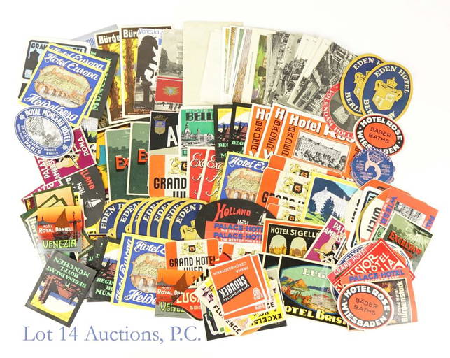 1930s Travel Trunk Stickers, Post Cards, Hotels