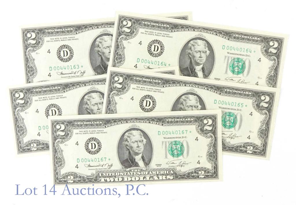 1976 Us $2 Star Notes (5 Consec Serials)