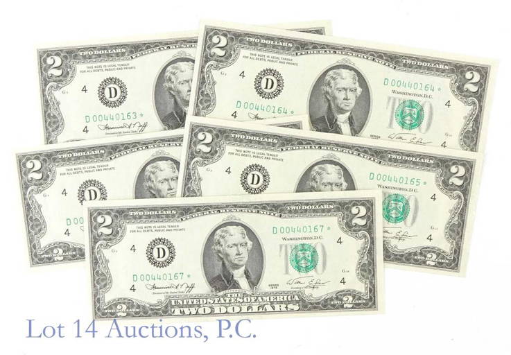 1976 Us $2 Star Notes (5 Consec Serials)