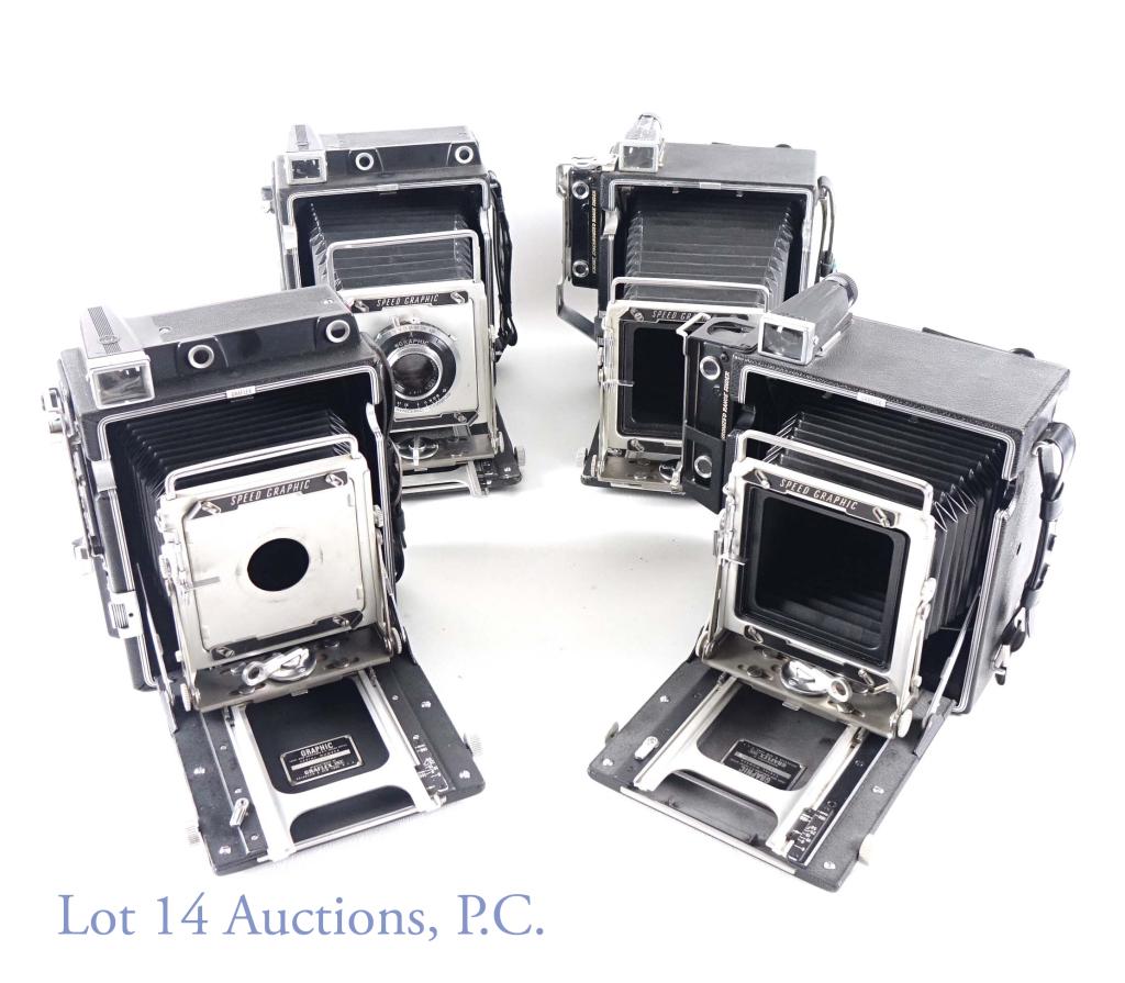 4 Graflex Speed Graphic 4x5 Cameras, 1 Lens