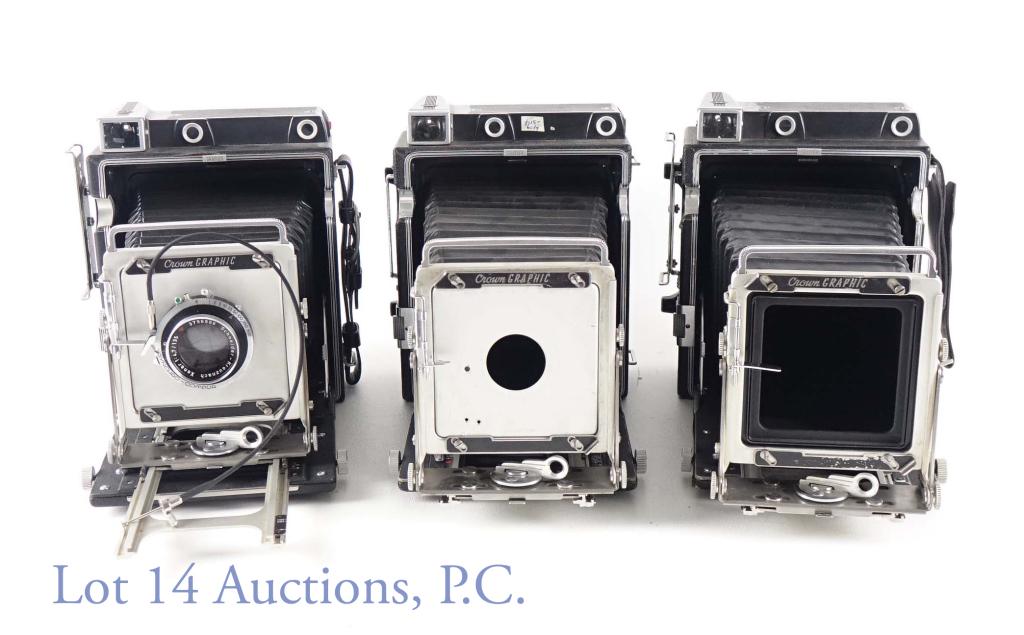 3 Graflex Crown Graphic 4x5 Cameras, 1 Lens
