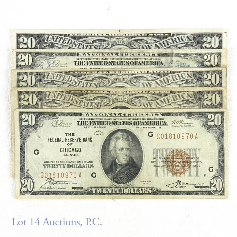 Us $20 Bank Notes Currency (5) Auction