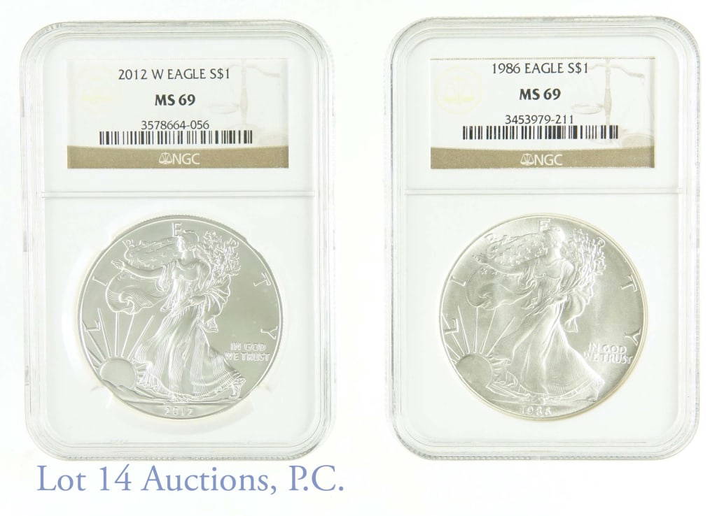 1986 & 2012-w Silver Eagles (ngc Ms69) Auction
