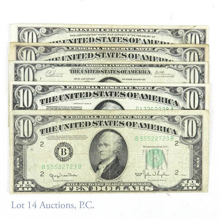 Us 1920s/30s/50s $10 Bank Notes Currency (5) Auction