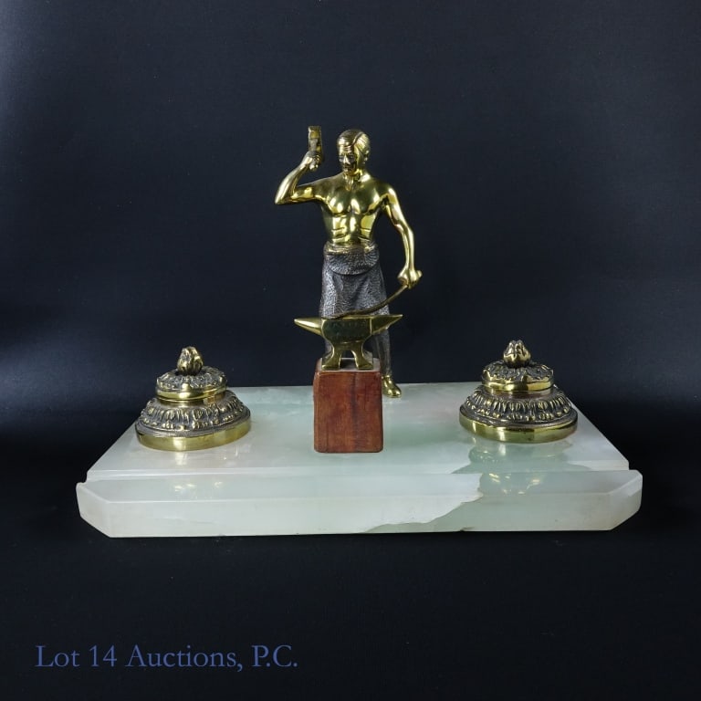 Marble Inkwell Stand With Blacksmith Statue, Anvil Auction