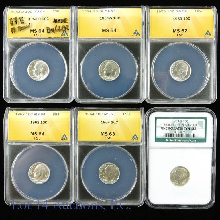 Anacs & Ngc Graded Silver Dimes (6) Auction