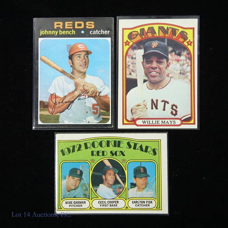 Topps Baseball 1971 Bench 1972 Mays, Fisk Cards, 3 Auction
